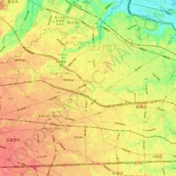 Topografische Karte Tokyo, Höhe, Relief